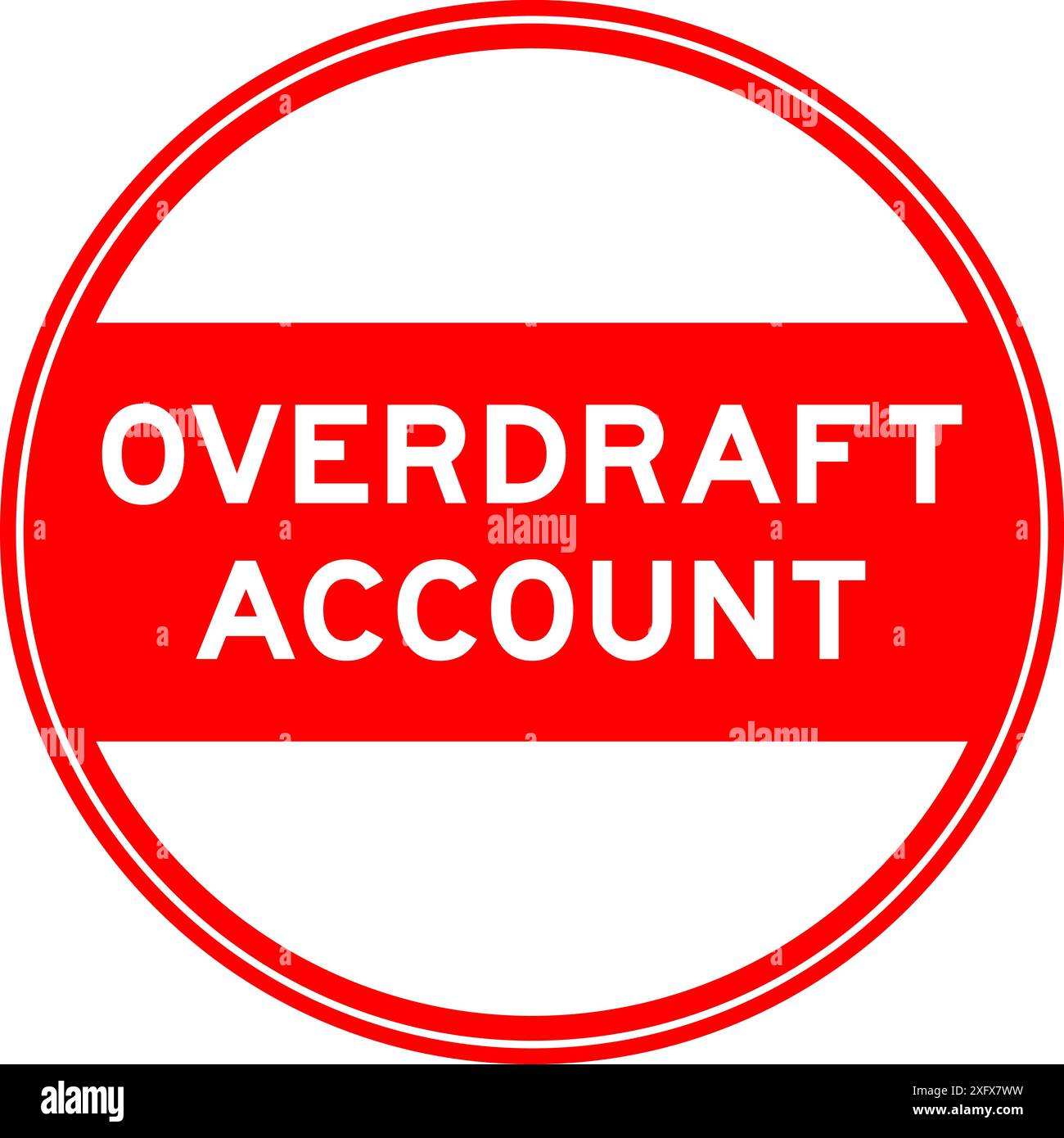Red color round seal sticker in word overdraft account on white ...