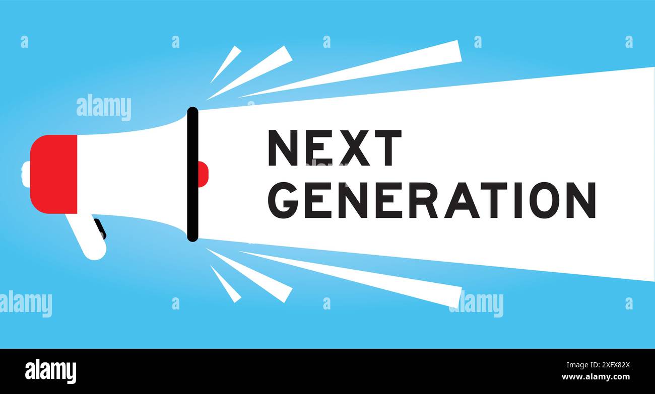 Color megaphone icon with word next generation in white banner on blue ...