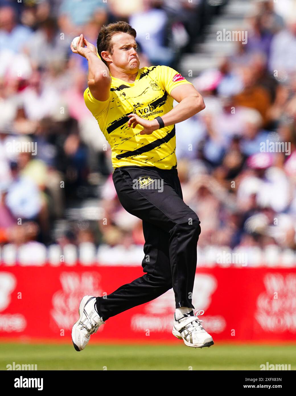 Cheltenham, UK, 5 July 2024. Gloucestershire's Josh Shaw bowling during ...