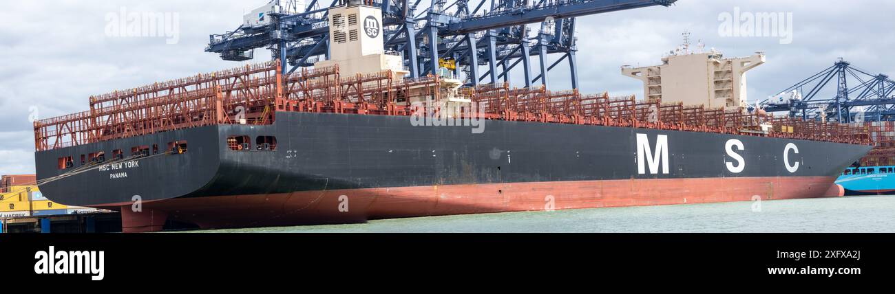 Empty MSC New York container ship docked at Felixstowe docks Suffolk ...