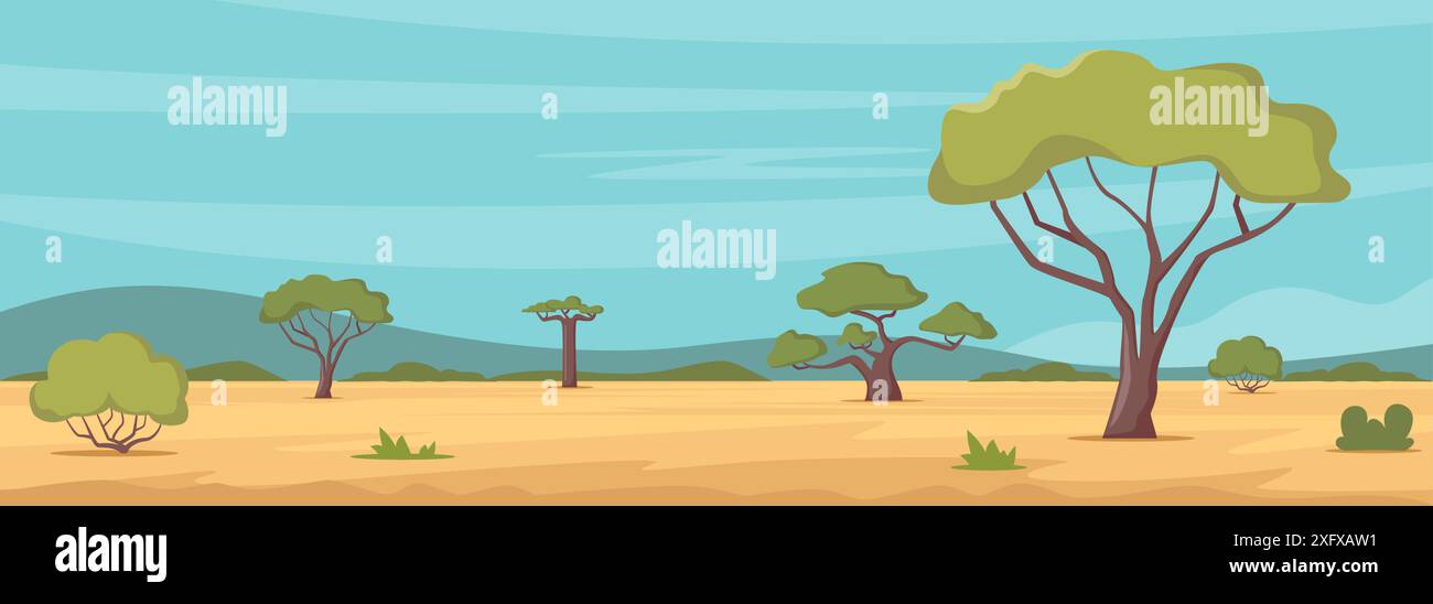 African savannah landscape with green trees, and plain grassland field ...