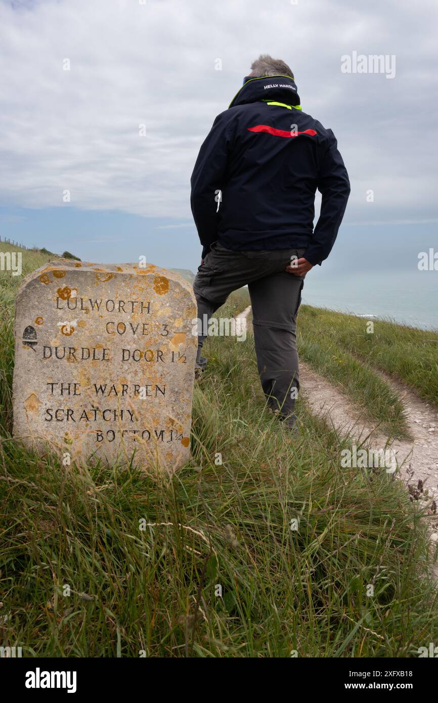 Back of man touching his bottom with footpath sign that includes ...