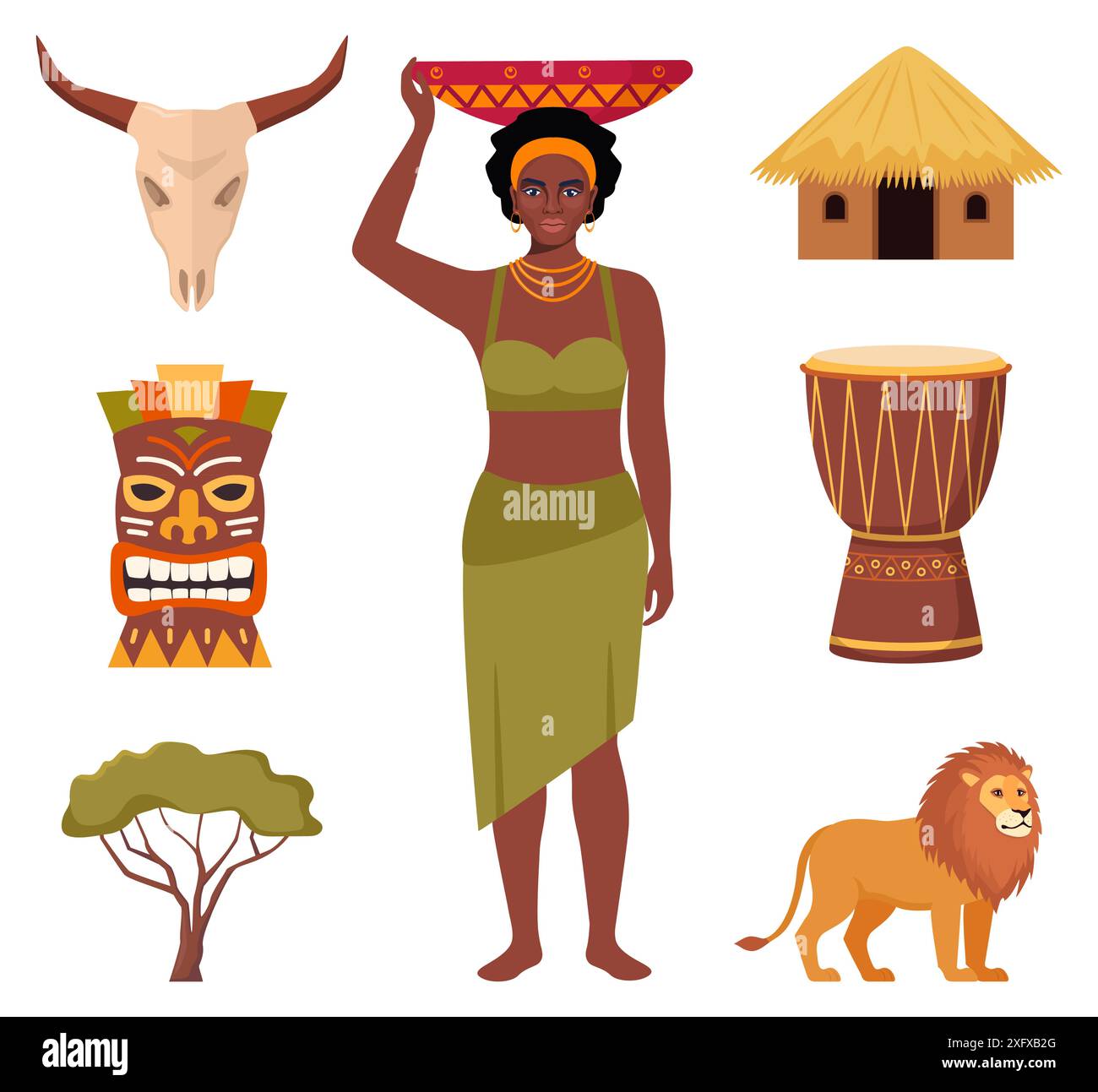 African ethnic style icons. African mask, djembe drum, people, animals ...
