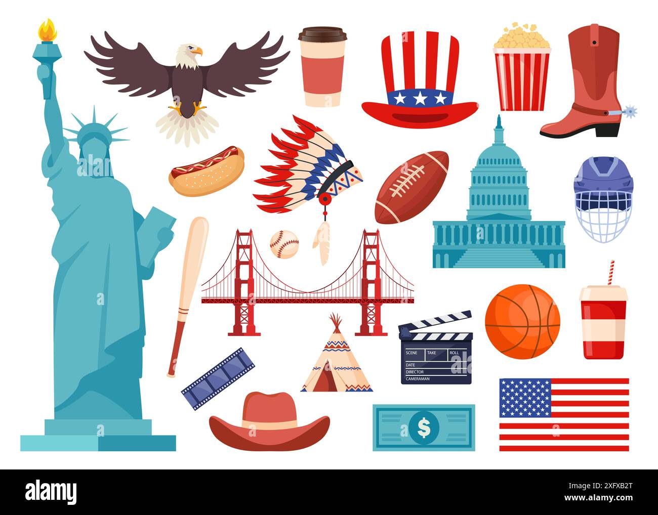USA culture symbol set. Travel USA direction concept. American culture ...