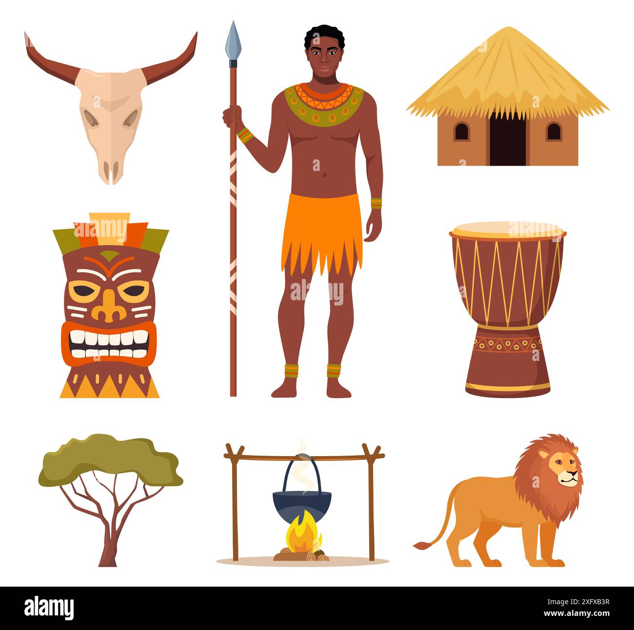 African ethnic style icons. African mask, djembe drum, people, animals ...