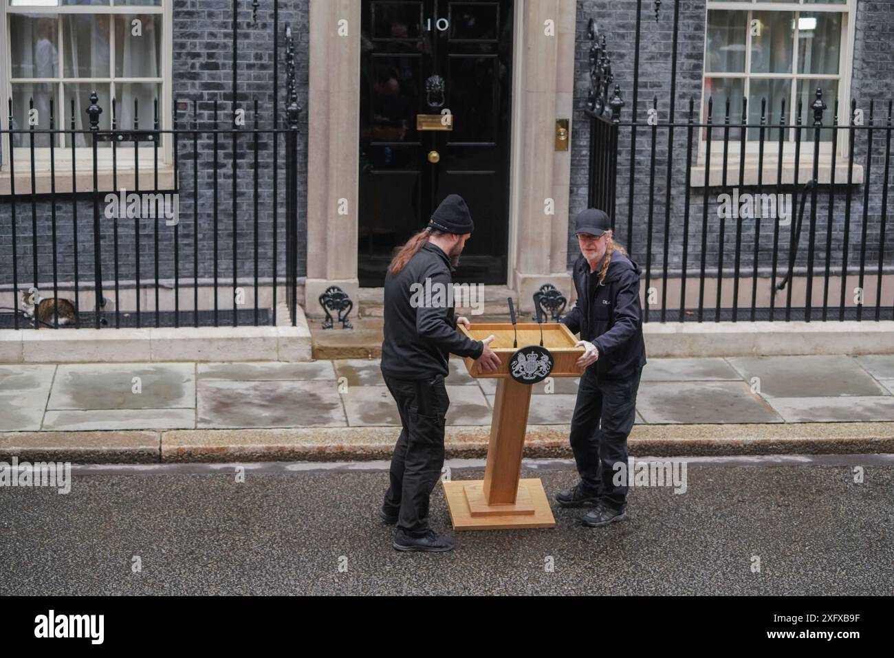 Downing Street, London UK 5 July 2024. A lectern is prepared before ...