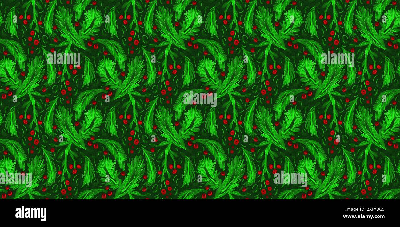 Modern christmas foliage fir branch border in traditional red green ...