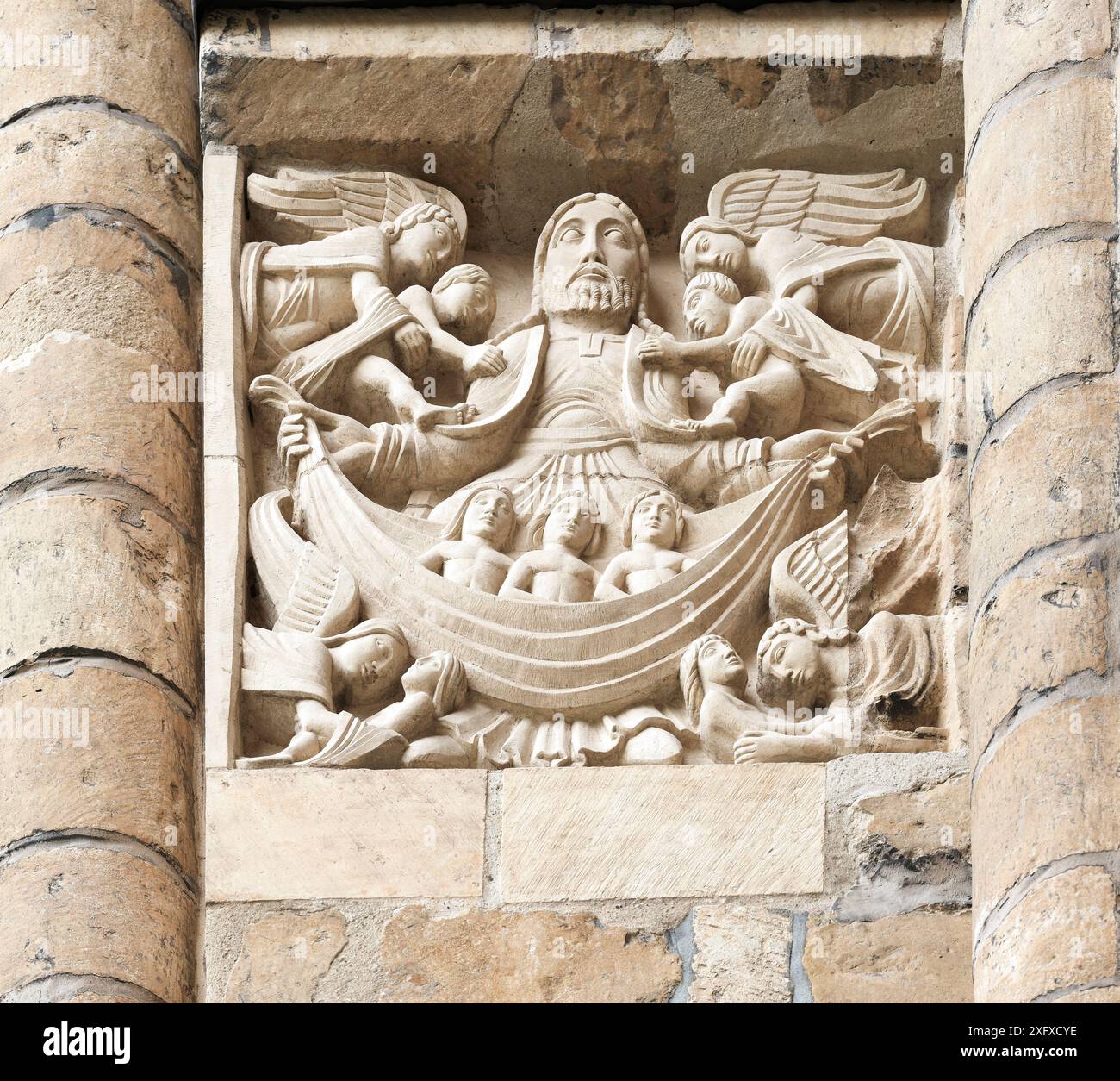 A frieze, about the last judgement, and Christ with angels taking ...