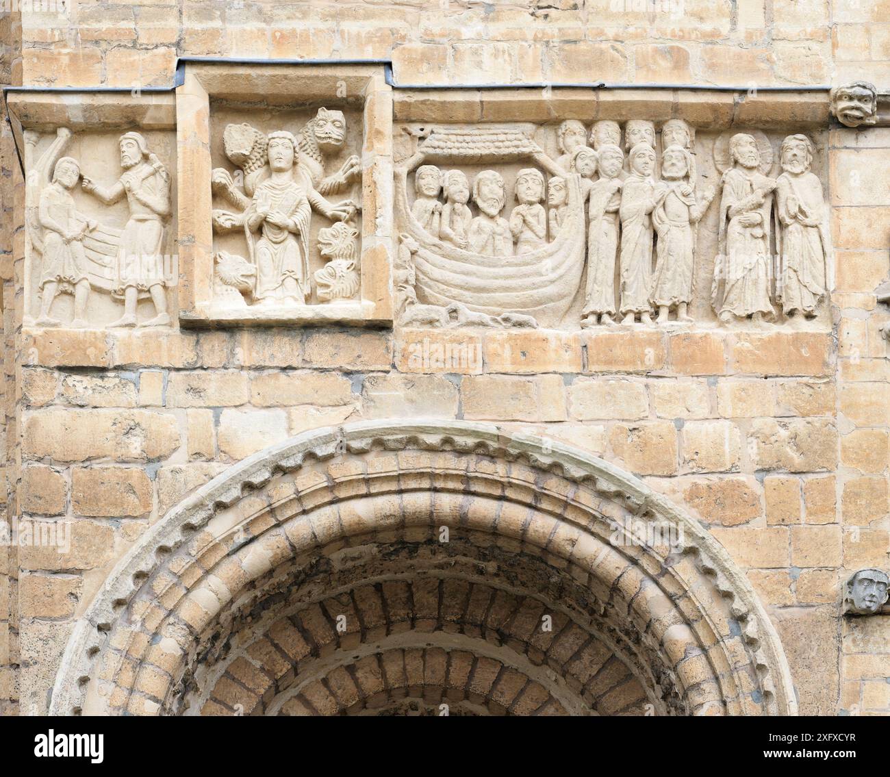 A frieze, of Noah's ark and Daniel in the lion's den, on a wall of the ...