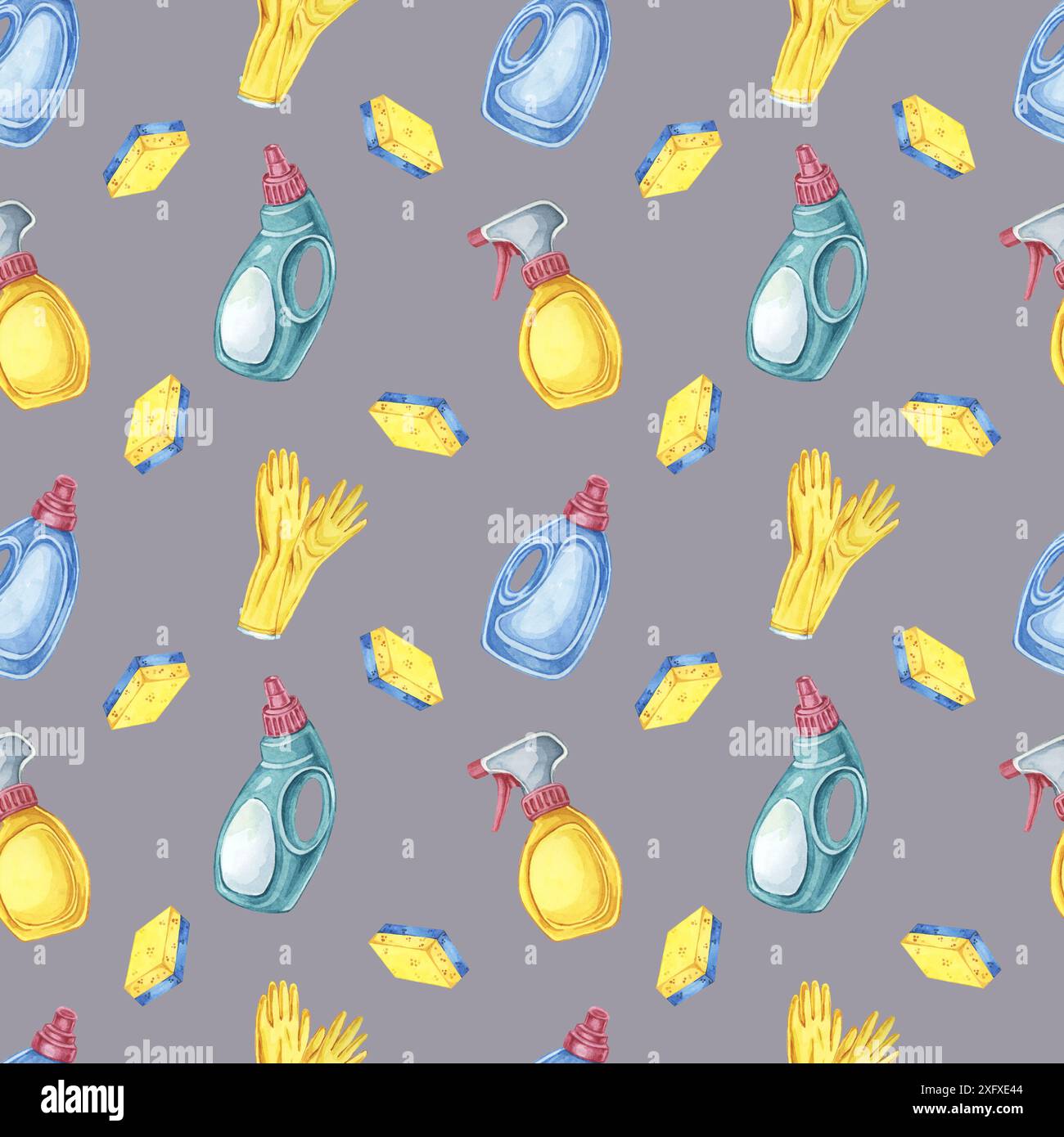 Cleaning items seamless pattern including gloves, spray bottles, and ...
