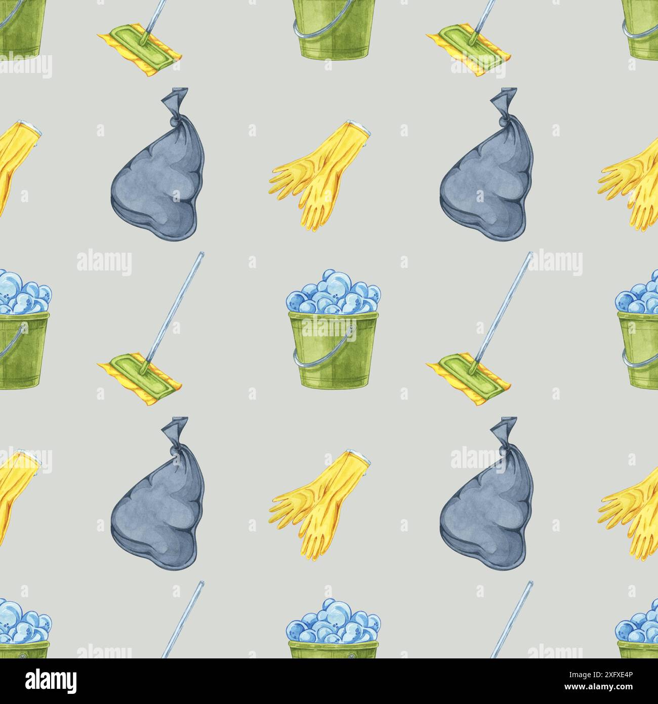 Garbage bags, mops, and gloves as seamless pattern in watercolor ...