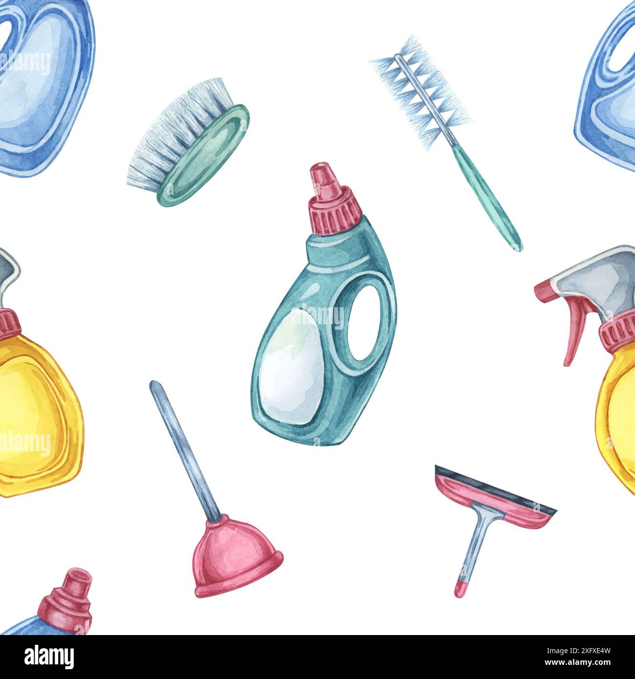 Cleaning supplies seamless pattern featuring detergent bottles, brushes ...