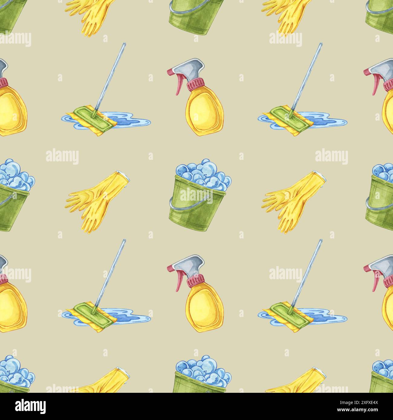 Mops, buckets, and gloves as watercolor seamless pattern. Watercolor ...
