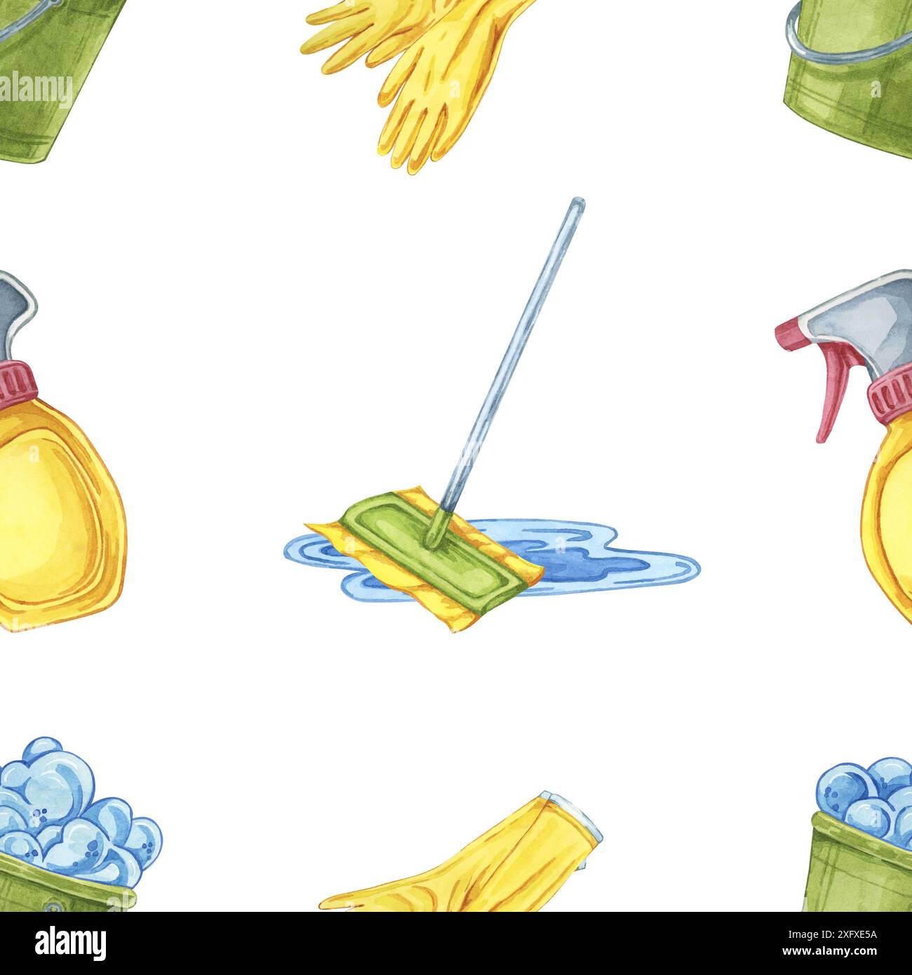 Mops, buckets, and gloves as watercolor seamless pattern. Watercolor ...