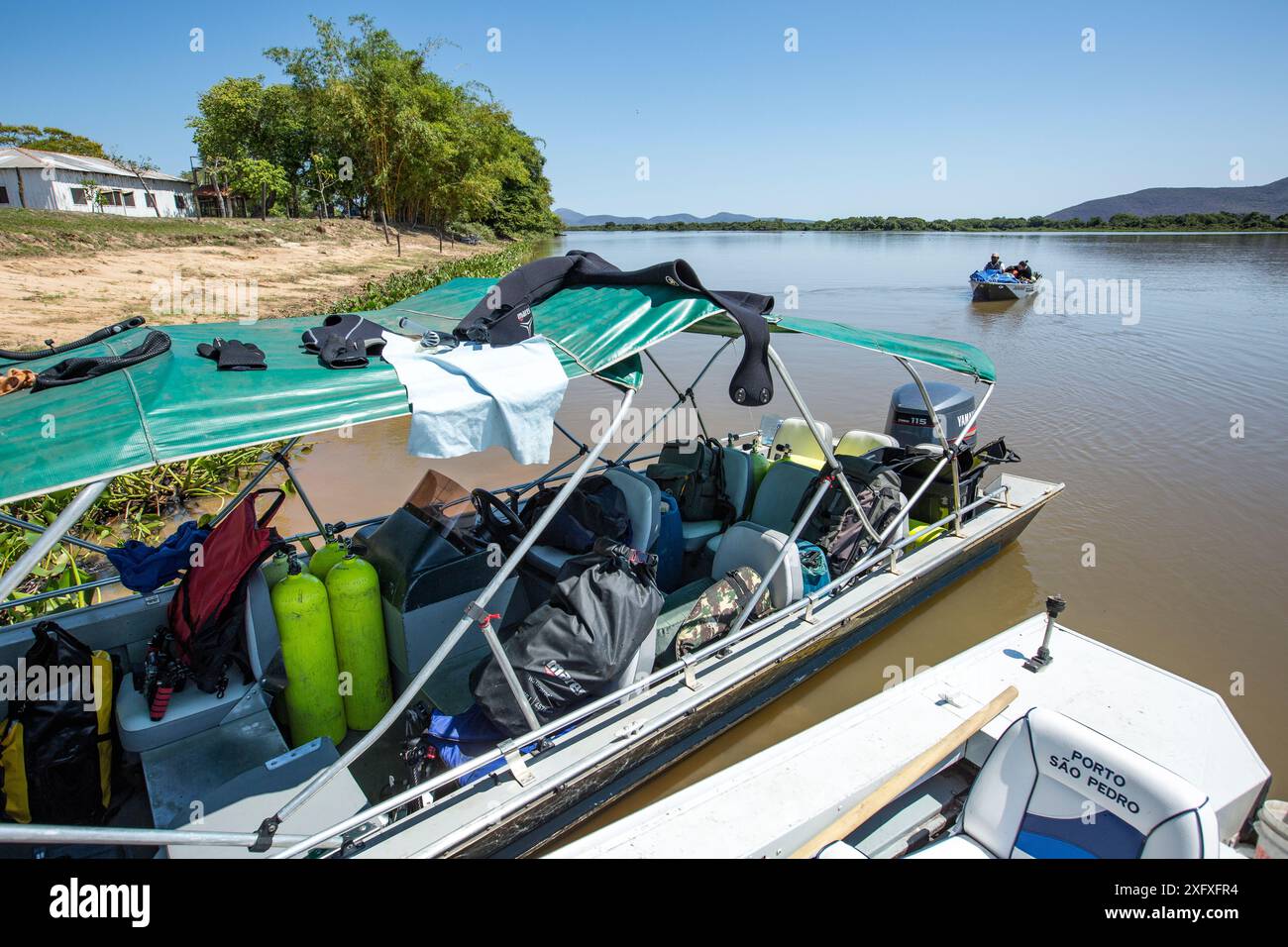 Boat loaded to travel the Paraguay river for exploration, Pantanal ...