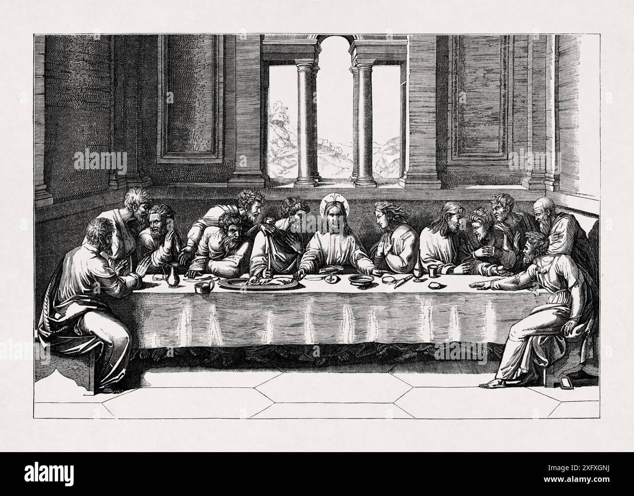 The last supper is an engraving by Marc Antonio Raimondi after a fresco ...