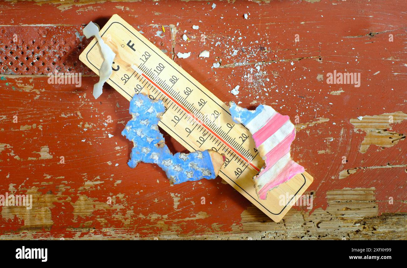 Heat wave in north america,burned USA flag and thermometer displaying ...