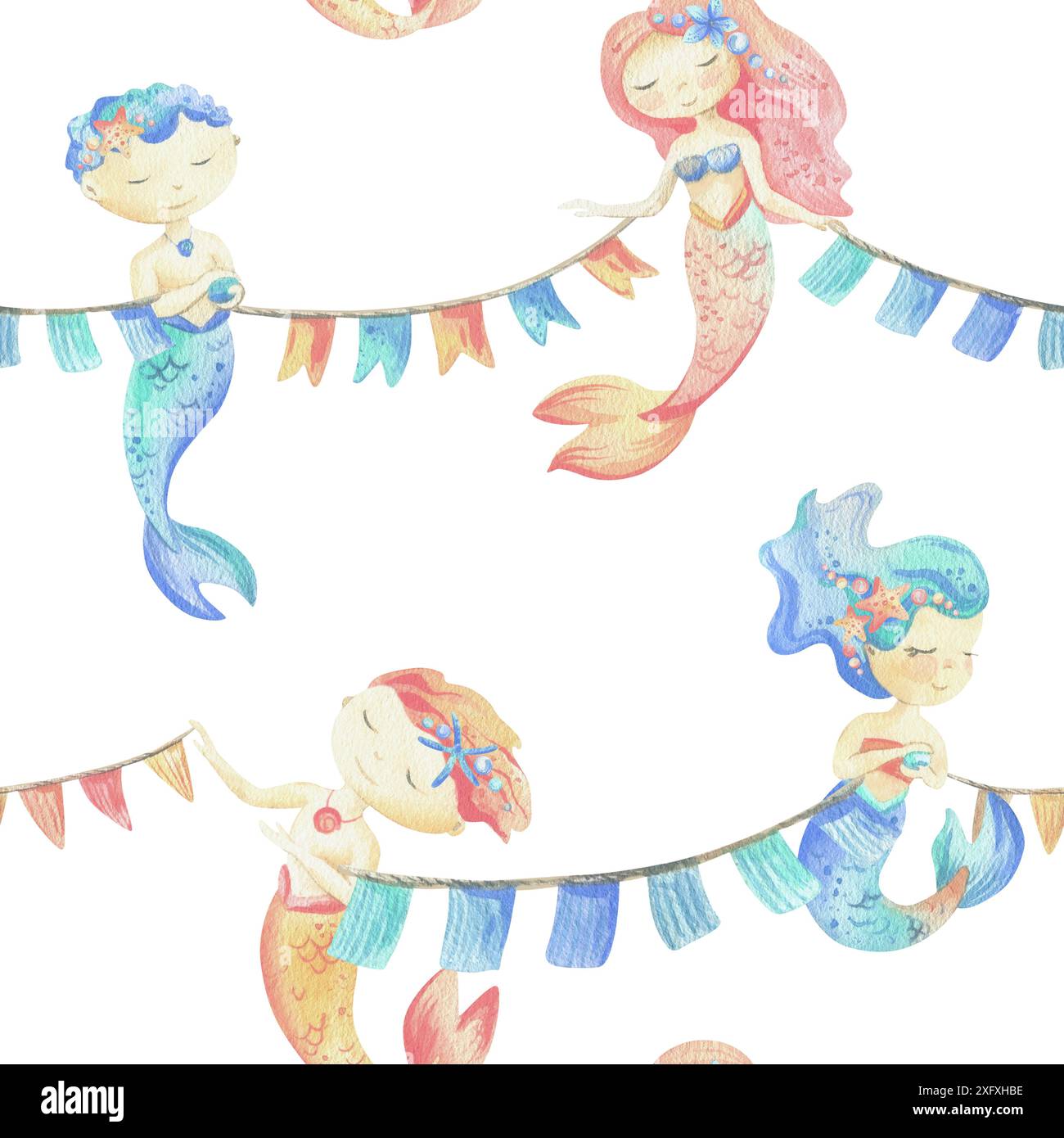 Mermaids is a little girl and boy with flags garland festive ...