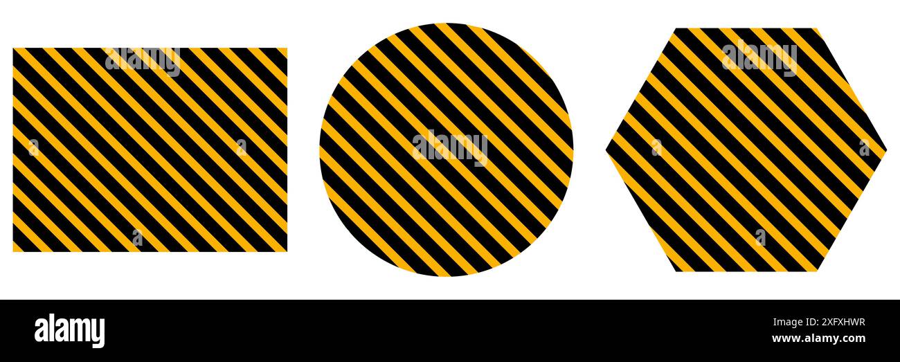 Warning striped rectangular, circle and polygon background. Black and ...
