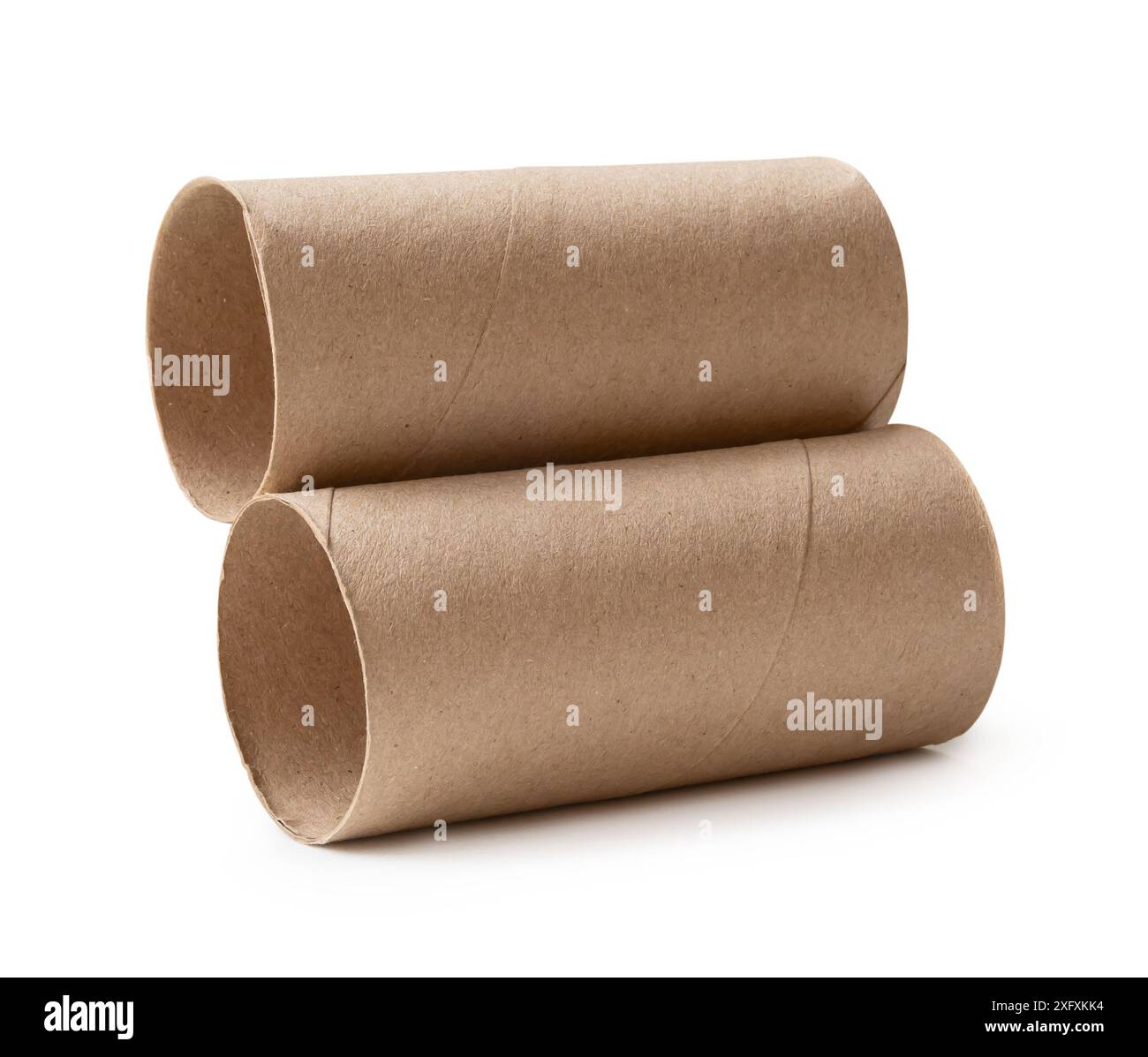 Side view of brown tissue paper cores in stack is isolated on white ...