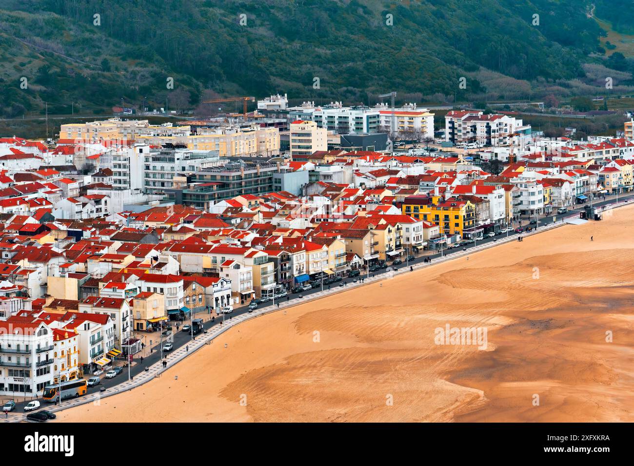 Aerial View of Coastal Nazare Town with Red Roofs and Sandy Beach Stock ...
