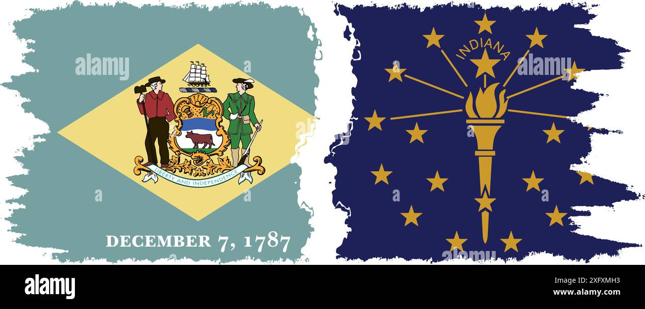 Indiana and Delaware states grunge brush flags connection, vector Stock ...