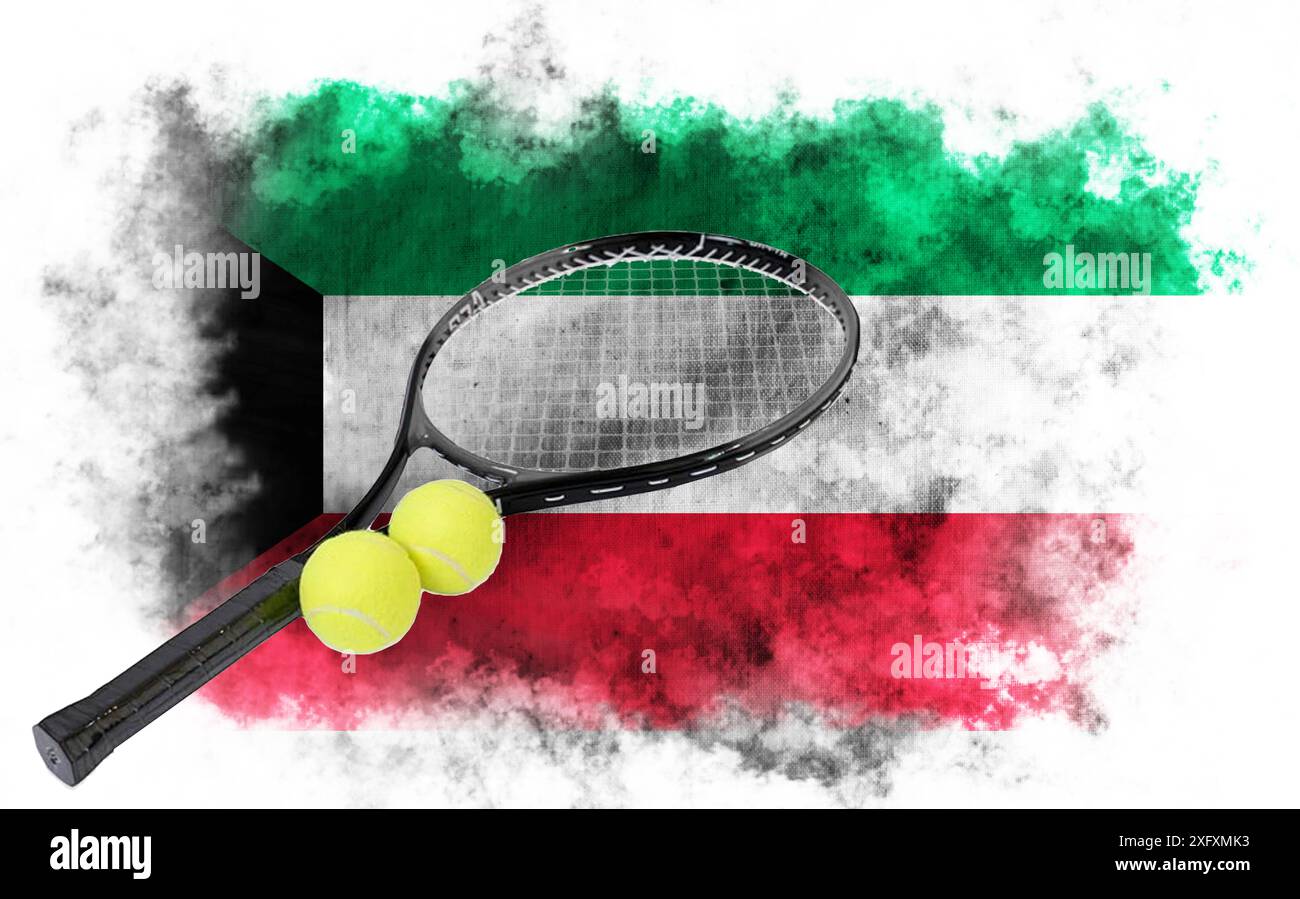 White background with Kuwait flag and tennis racket with balls Stock ...