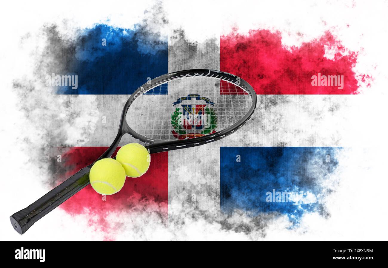 White background with Dominican Republic flag and tennis racket with ...