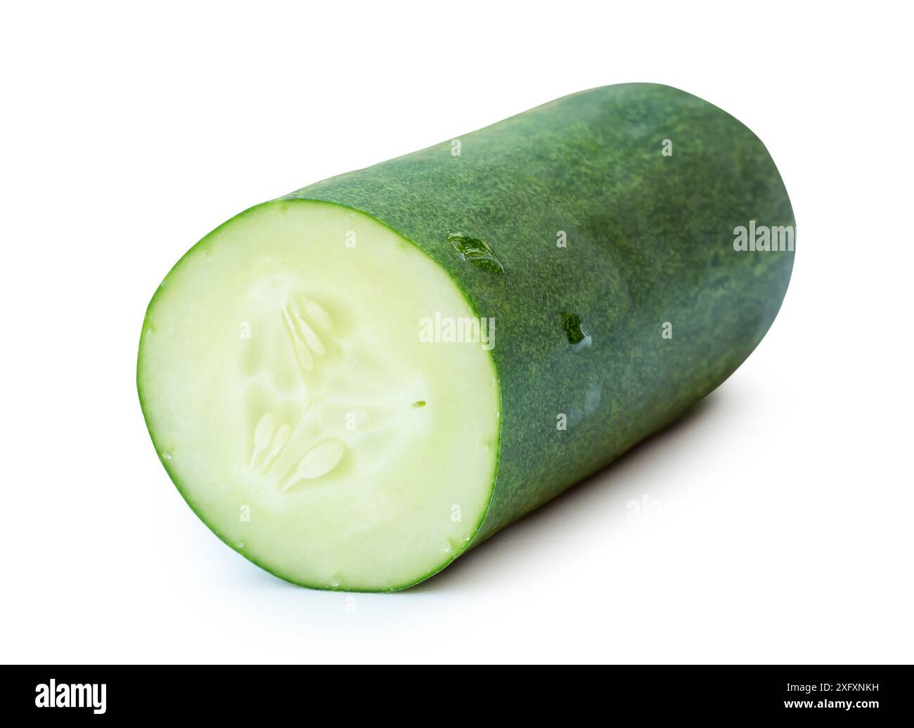 Front view of green cucumber slices or pieces in half is isolated on ...