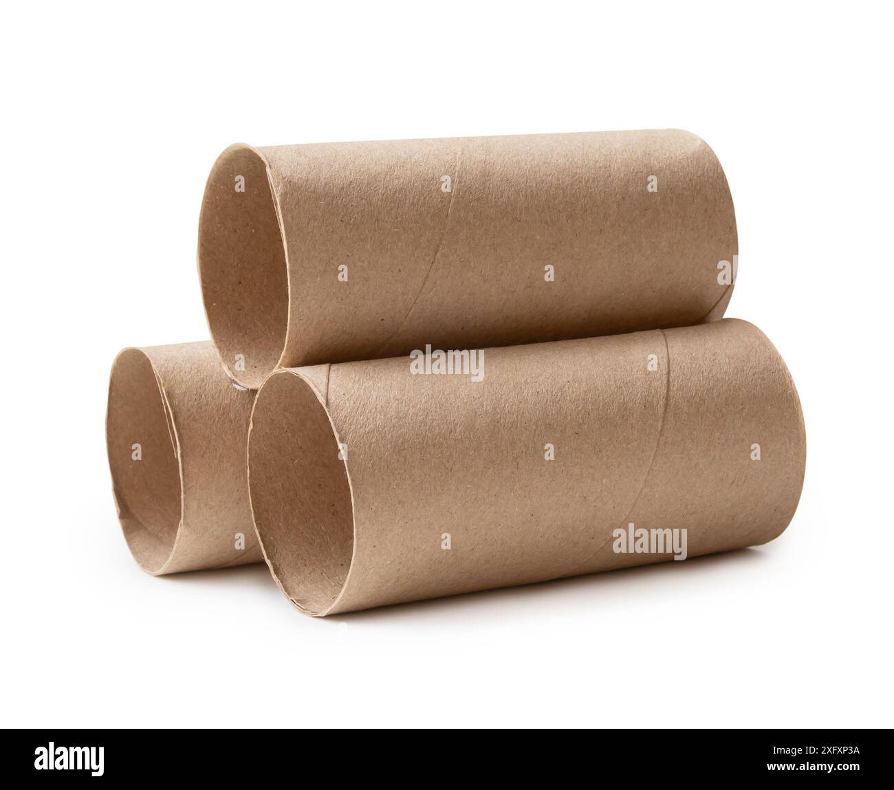 Side view of brown tissue paper cores in stack is isolated on white ...
