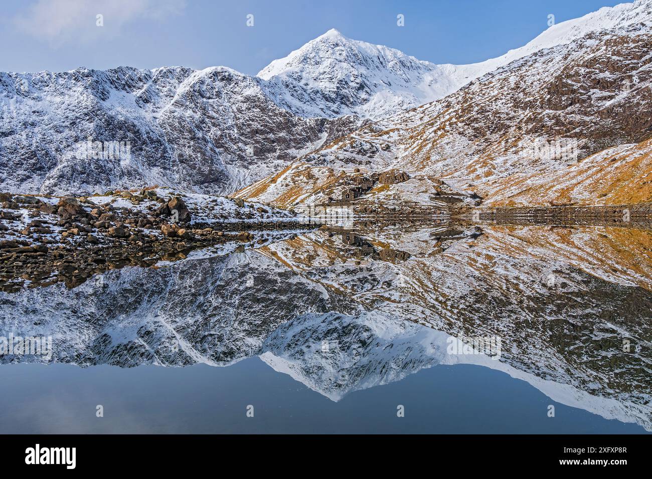 Mount Snowdon and derelict buildings of Britannia Copper Mine reflected ...