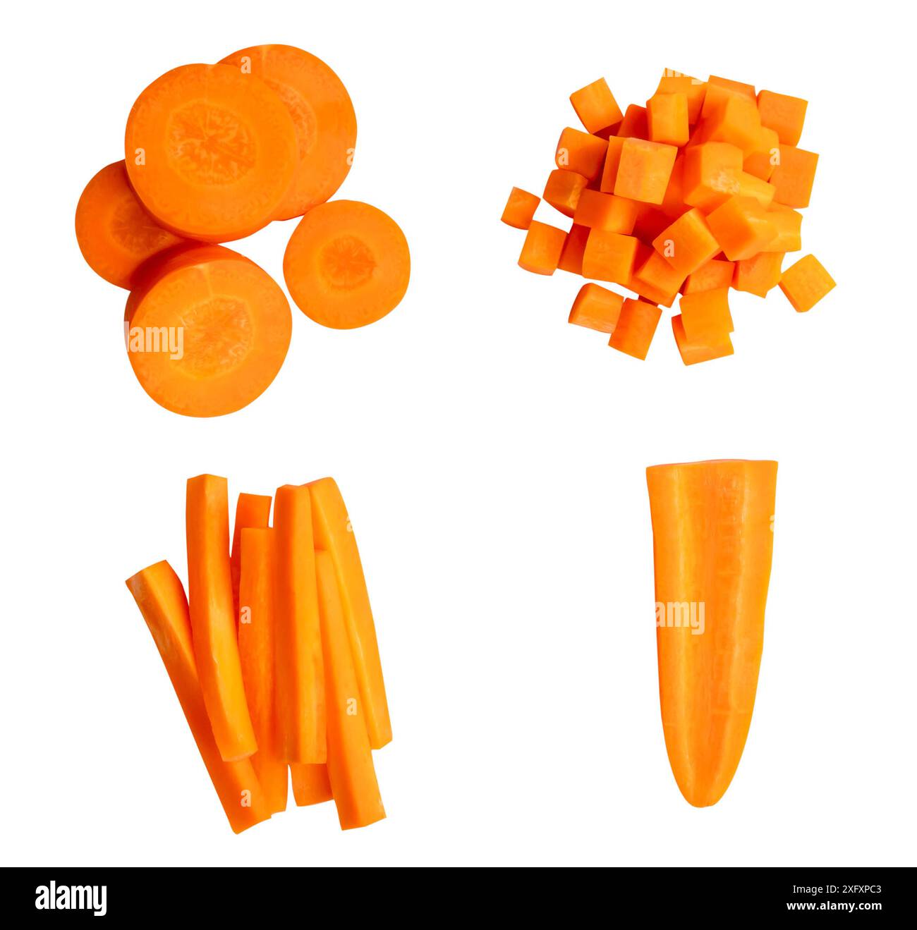 Top view set of orange carrot slices in circle and cube shape in stack ...