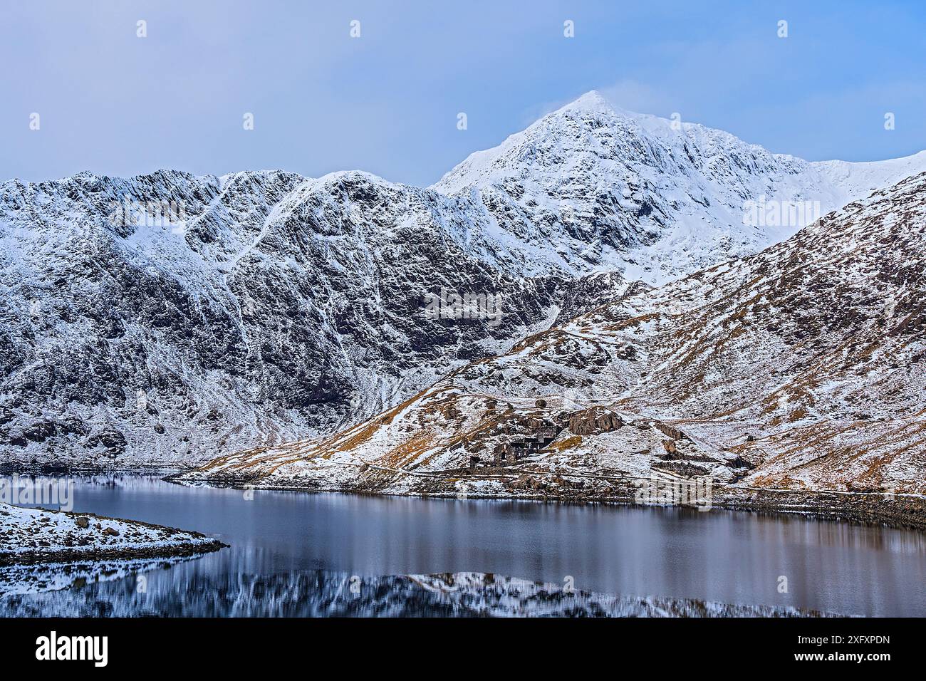 Mount Snowdon and derelict buildings of Britannia Copper Mine viewed ...