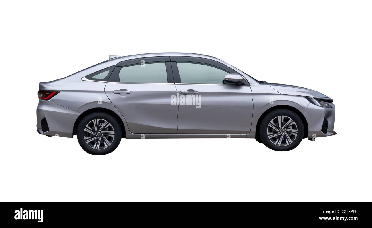 Side view of gray sedan car is isolated on white background with ...