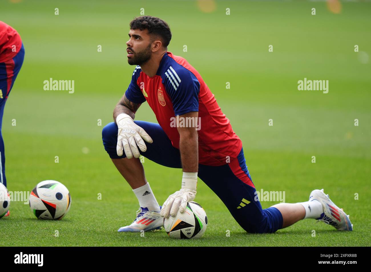 Spain goalkeeper David Raya during his side’s warm up before the UEFA ...