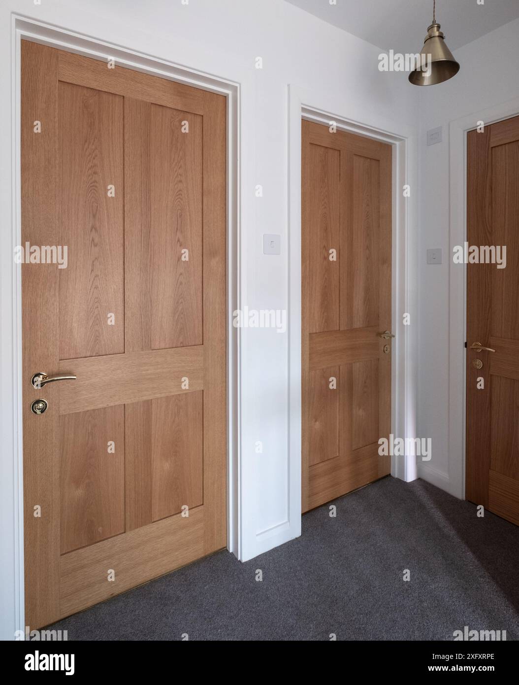 Wooden, shaker style, panelled internal doors with brass door furniture ...
