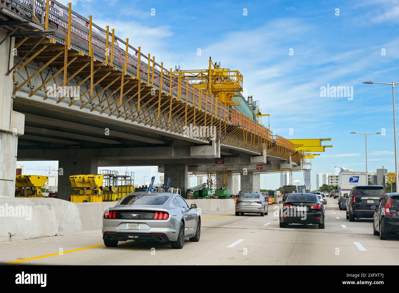 Miami, Florida, USA - 4 December 2023: Traffic passing the construction ...