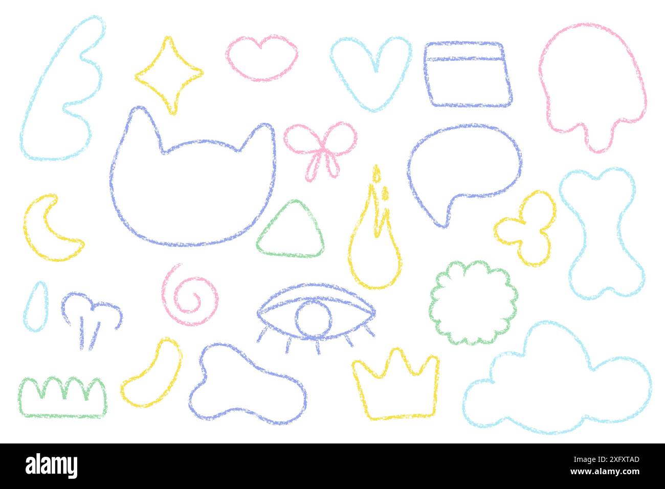 Colored elements, letters, doodle figures silhouette, wax crayon ...