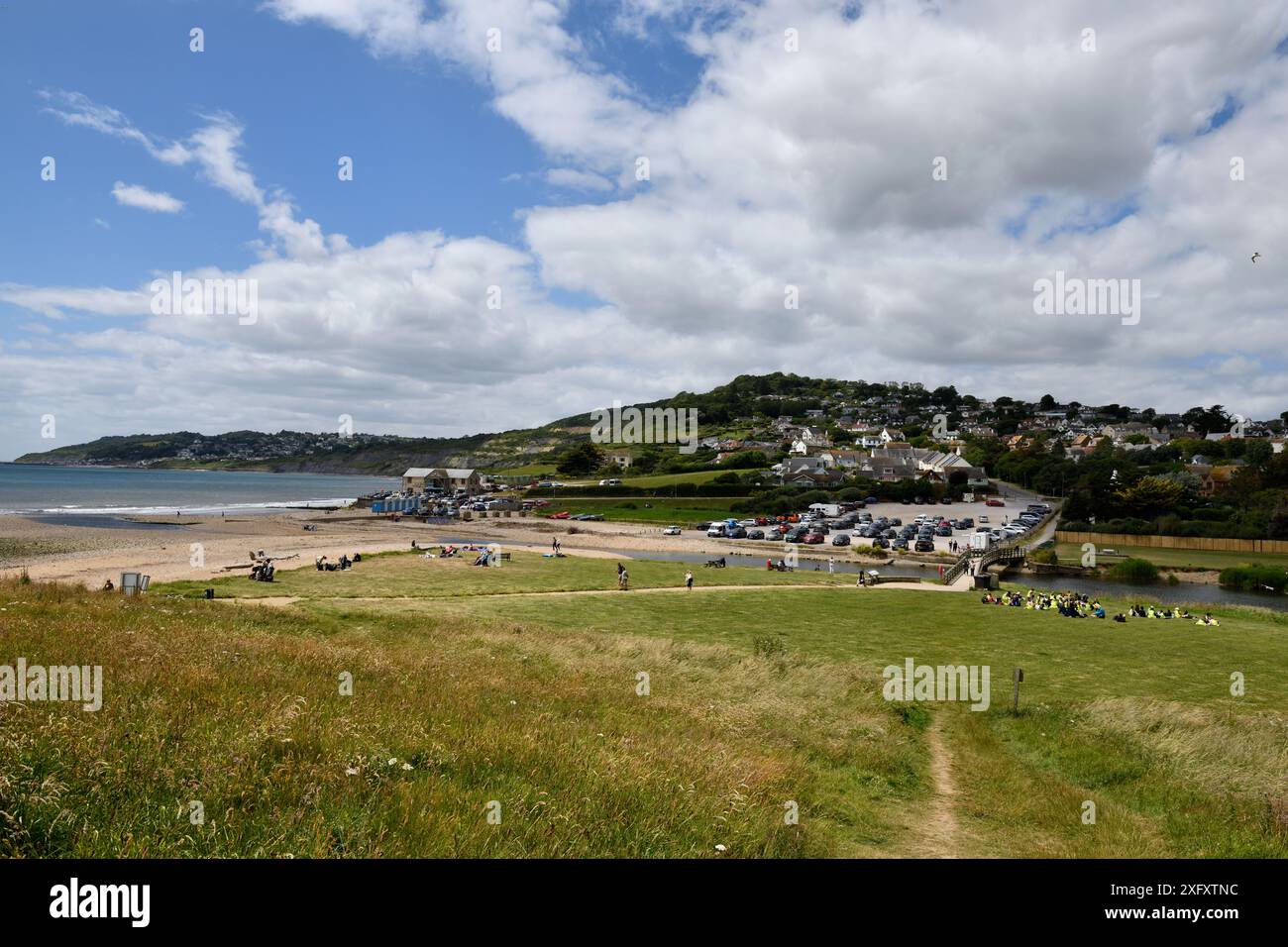 Charmouth Beach with River Char Estuary and Picnic Tables West Dorset ...