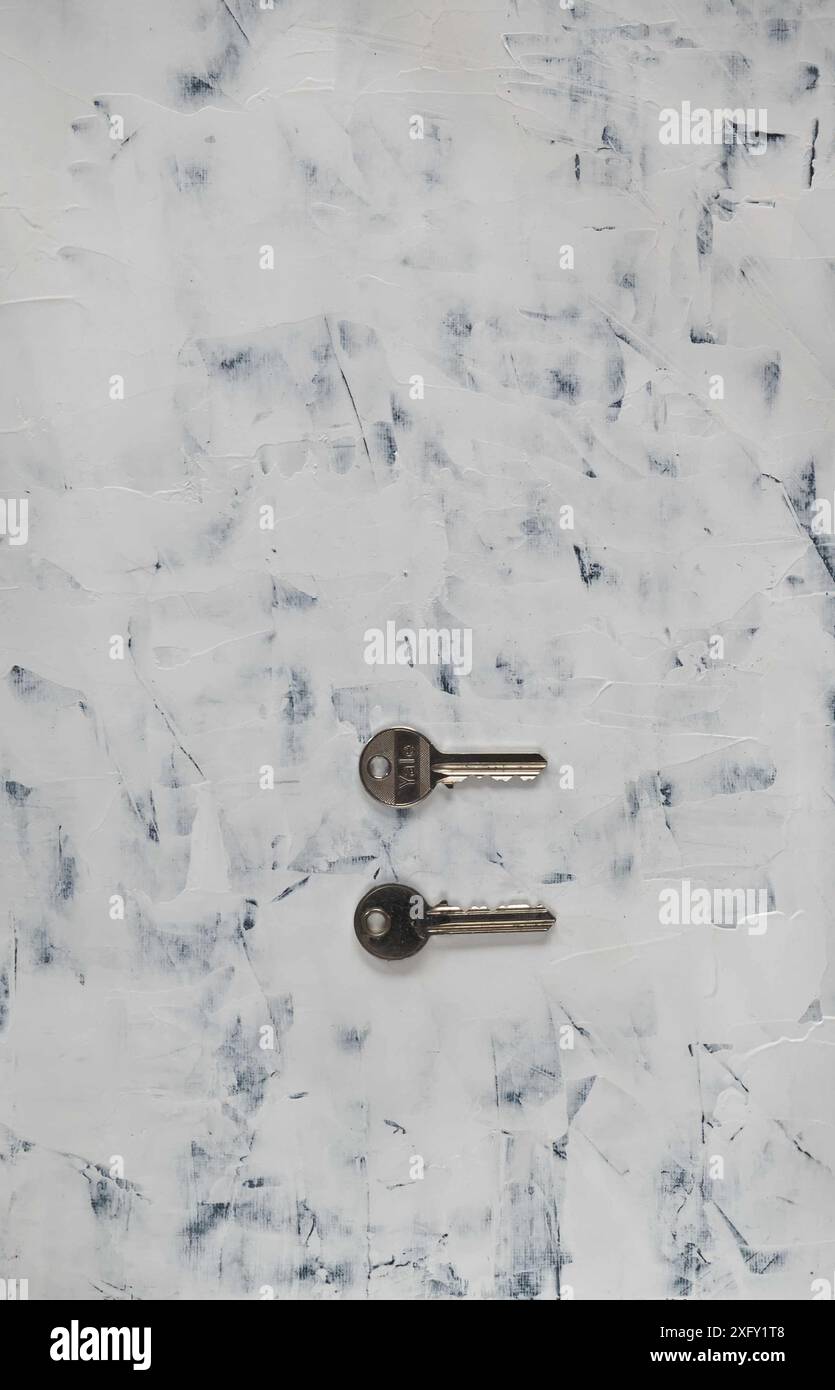 2 modern latch keys laying on a white textured white background Stock ...
