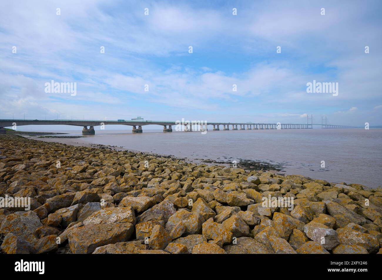 Stone, river bank, M4 highway, Princ of Wales Bridge, River Severn ...
