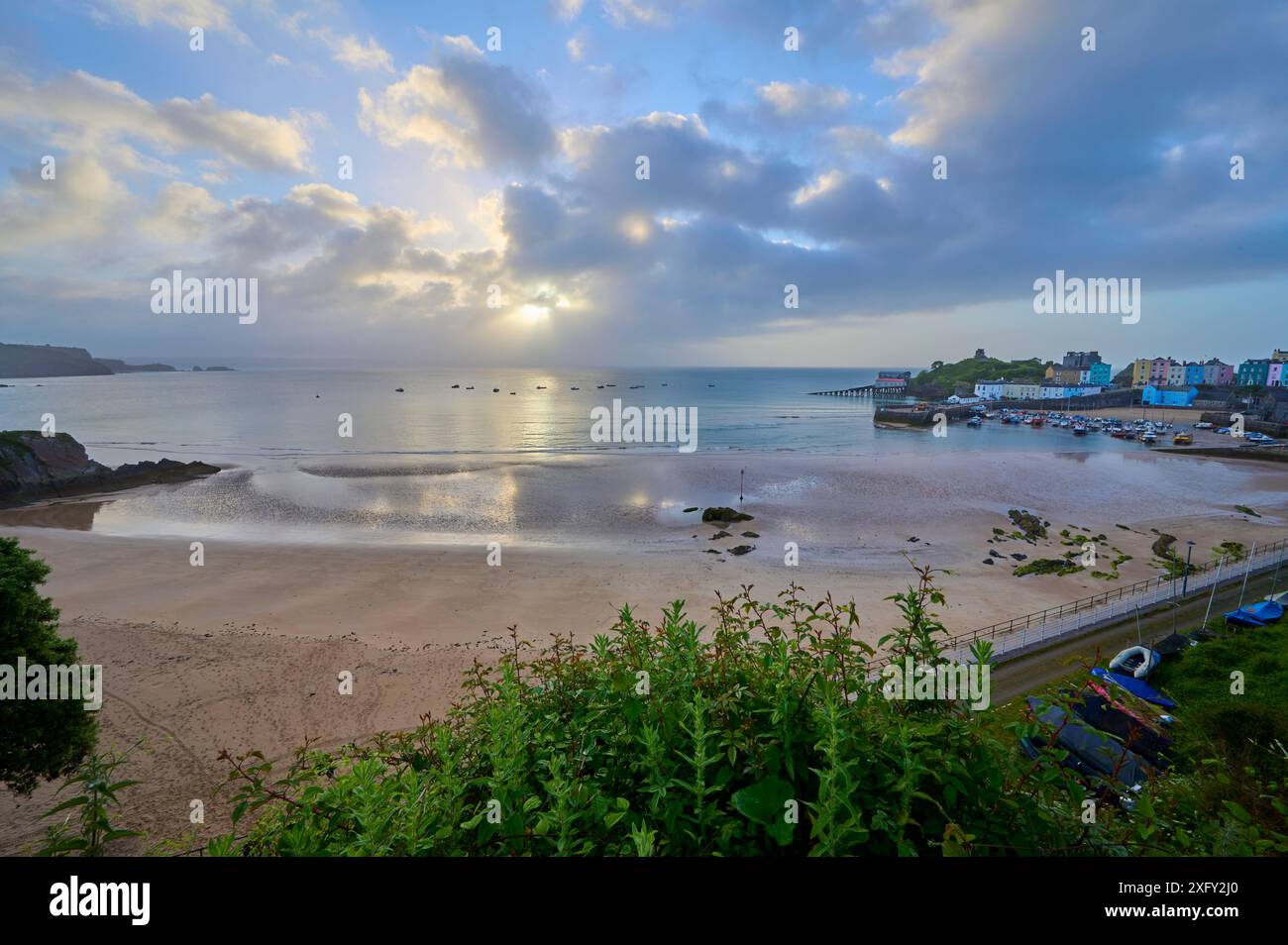 Beach, harbor, sea, sky, clouds, sunrise, summer, Tenby, South ...
