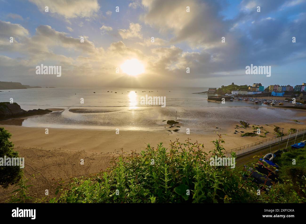 Beach, harbor, sea, sky, clouds, sunrise, summer, Tenby, South ...