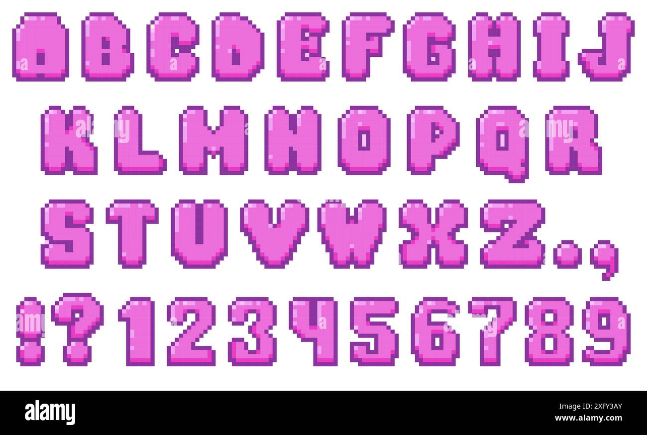 Game 8-bit pixel typeface. Retro arcade video game alphabet, 80s 90s console text typeset, old ...