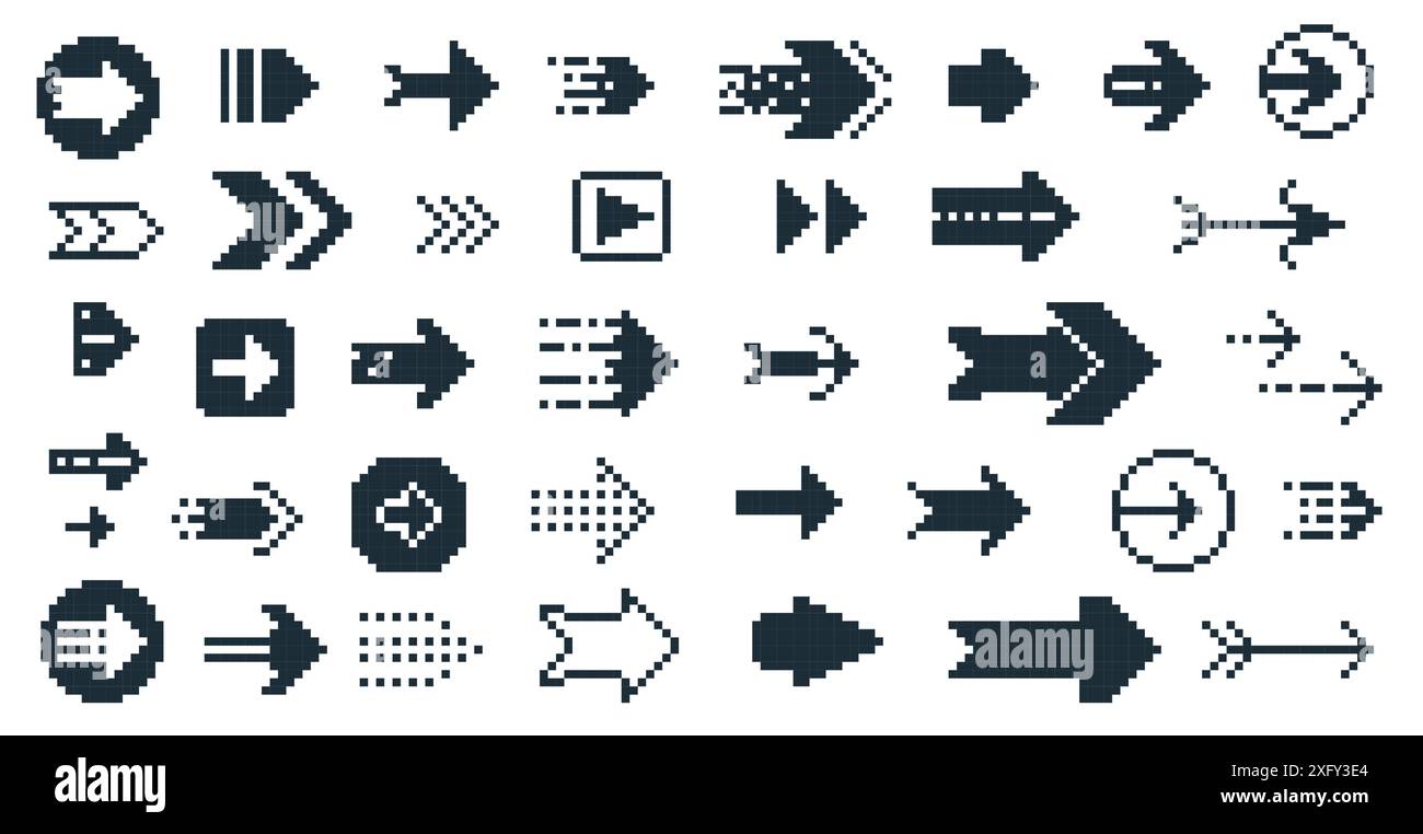 Black 8 bit arrows. Retro square navigation pointer icons, 90s retro ...