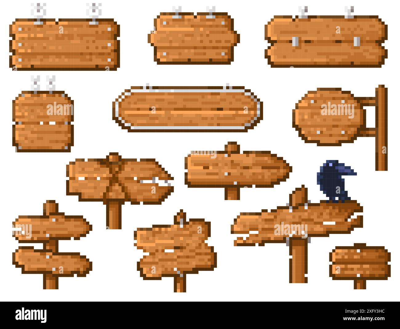 Pixel wooden pointer. Retro video game 8 bit frame with plank board ...