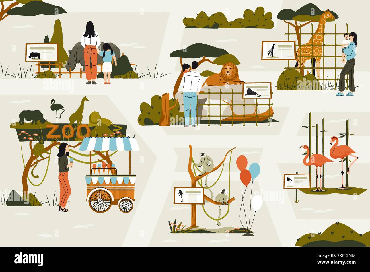 Zoo scene with visitors. Cartoon zoo park with safari animals and ...