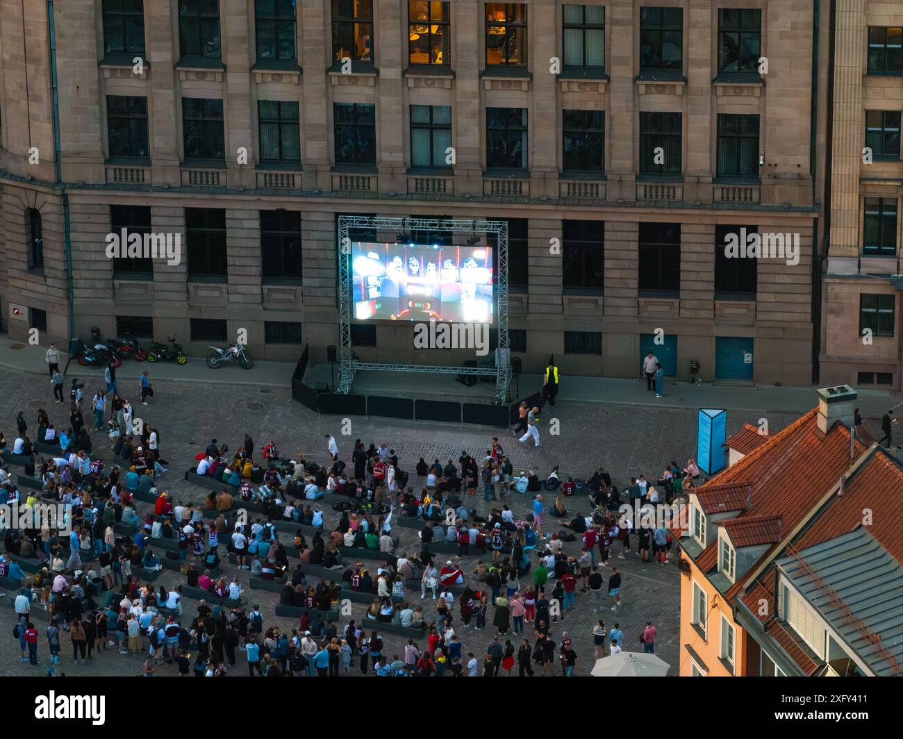 Aerial View of Crowd Watching Live Event on Large Screen in City Center ...