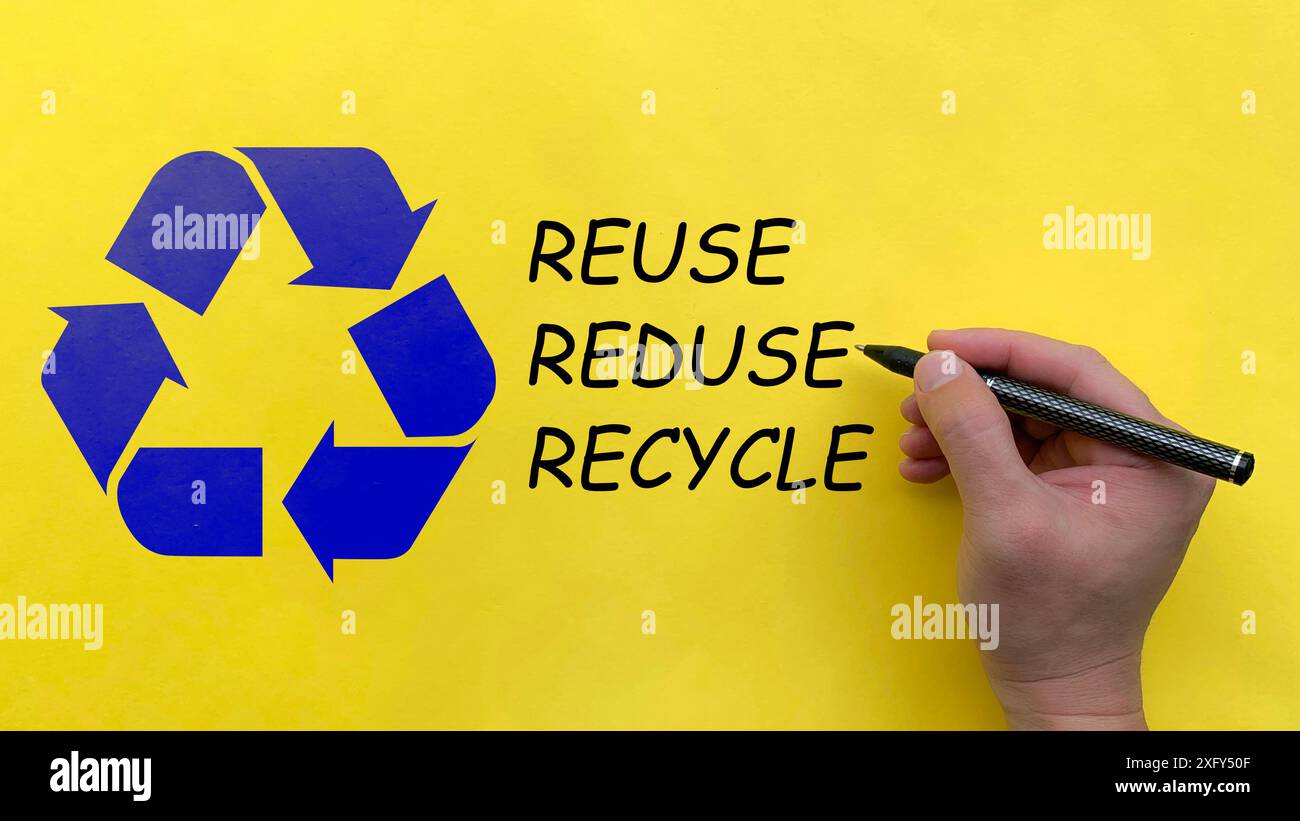 Hand writing reuse, reduce and recycle text on yellow background with ...