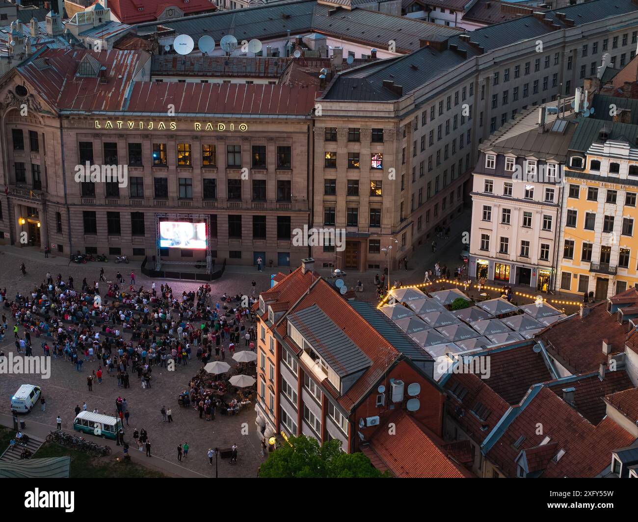Aerial View of Crowd Gathered in Front of Latvian Radio Headquarters in ...